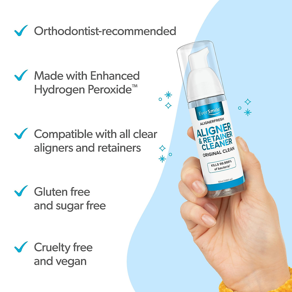 EverSmile AlignerFresh Original Clean Foam – Cleaner Compatible w/Invisalign and All Clear Aligners & Retainers – Eliminates Bacteria, Whitens Teeth, Fights Bad Breath – 50ml (4 Pack)