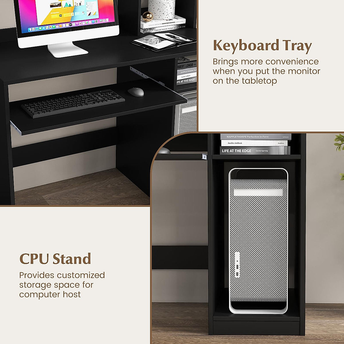 CHEFJOY Computer Desk with Hutch, Wood Home Office Desk w/Keyboard Tray, CPU Stand & Power Outlet, Space-Saving Laptop PC Desk, Modern Writing Desk with Bookshelf, Bedroom Study Room (Black)