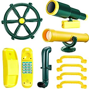 Playground Accessories Swing Set Pirate Plastic Playground Equipment Set with Plastic Wheel, Telescope, Periscope, Telephone, Safety Handle Bars for Outdoor Playhouse Treehouse (Yellow, Green)