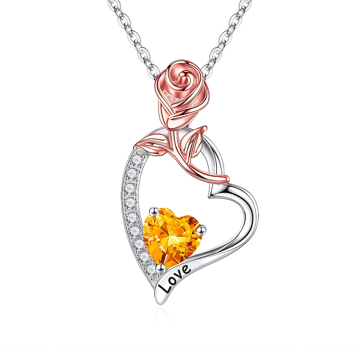 Iefil Birthstone Necklaces for Women - Anniversary Birthday Gifts for Women, Citrine Heart Necklace, November 925 Sterling Silver Rose Heart Birthstone Necklace for Women, Jewelry Gifts for Her Wife