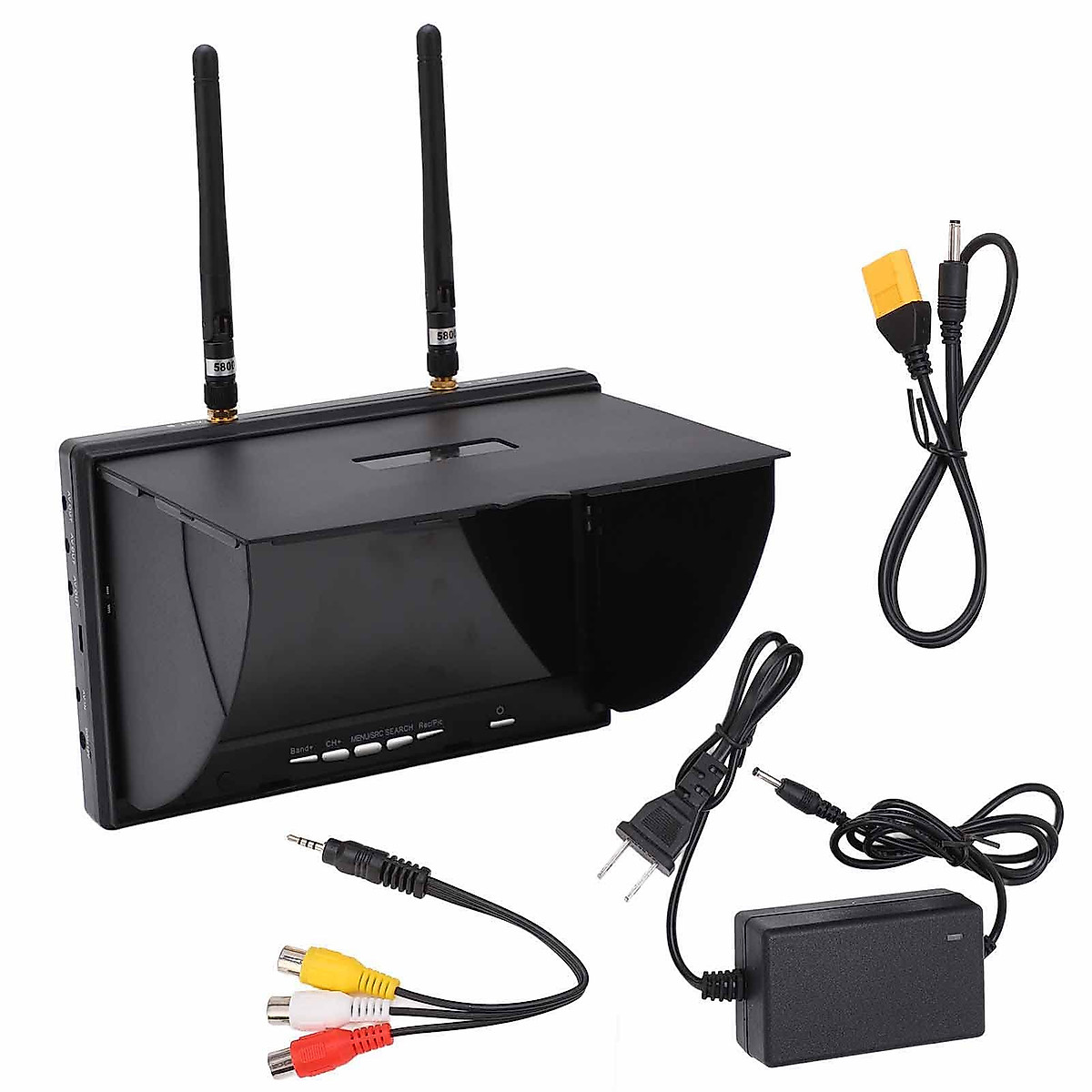 Zyyini 5.8G FPV LCD Receiver Monitor, 40Channels 7Inch LCD Screen Video Transmission Display FPV Drone Accessory Built-in Dual Receiver 600cd/m2 100-240V for FPV Drone