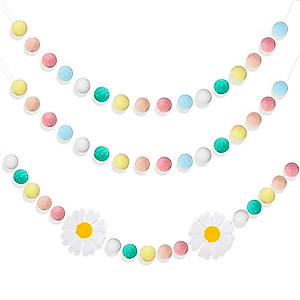 3 Pieces Spring Pompom Ball Garlands Daisy Garland White Flowers Banner Spring Decor Garlands for Holiday Birthday Party Carnival Decorations Photo Prop Nursery Decor Farmhouse Spring Garland