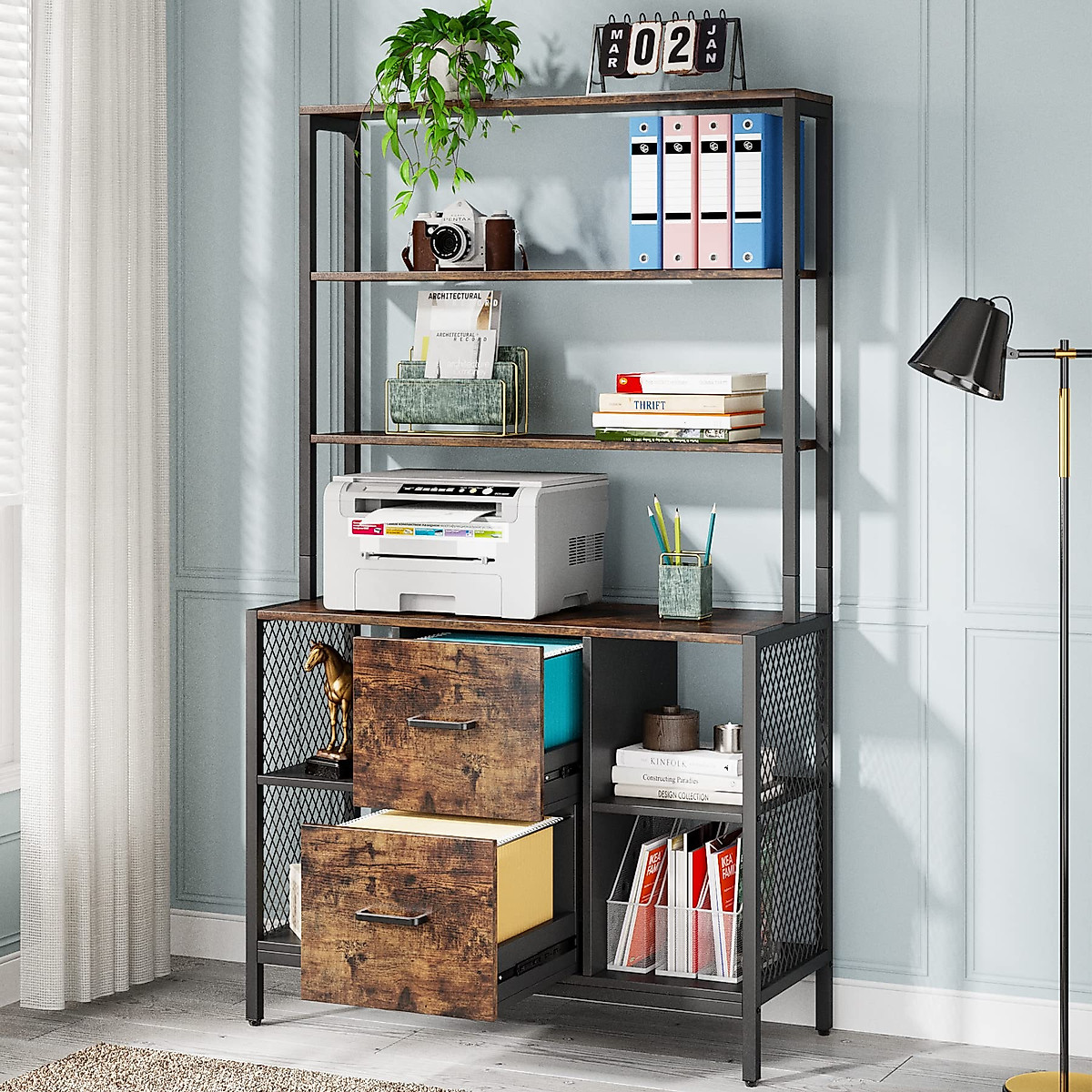 Tribesigns 2-Drawer File Cabinet for Letter Size, 6-Tier Vertical Filing Cabinet with Bookshelf Tall, Large Industrial Printer Stand with Open Storage Shelves for Home Office, Rustic Brown