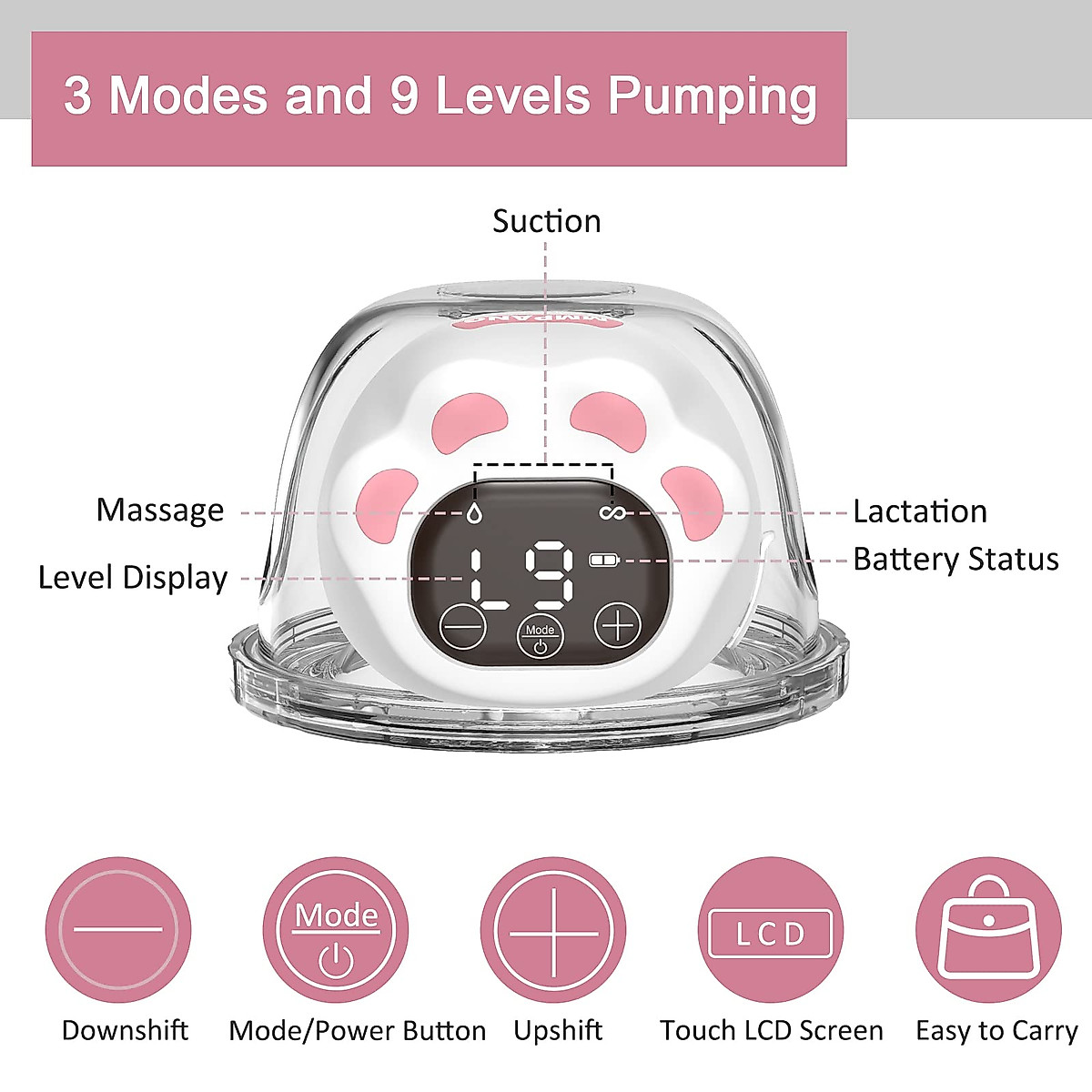 MMPANG Breast Pump Wearable,Electric Hands Free Breast Pump Leel,3 Modes & 9 Levels with LCD Display BPA Free, Low Noise Pumping Painless Breastfeeding Rechargeable and 19/21/24mm Flanges,Blue