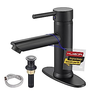 KUZOR Bathroom Faucets 1 or 3 Hole Single Handle Bathroom Sink Faucet Solid Brass Matte Black Bathroom Faucet with Optional Deck Plate 4 Inch Centerset Pop Up Drain and Water Supply Hoses Included