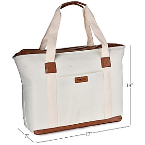 Masirs Insulated Grocery Bag with Zippered Top, Thermal Reusable Canvas for Groceries, Travel Picnic Leakproof Cooler Bags Keep Foods Cold or Hot for Hours, Sturdy Zipper Closure & Pocket