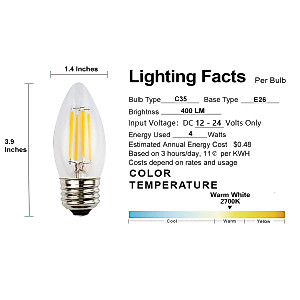OPALRAY 4W Low Voltage DC/AC 12V LED Bulb, Dimmable with DC Dimmer, E26 Medium Base, Warm White Light, Clear Glass Torpedo Tip, 400Lm 40W Incandescent Equivalent, 12V-24V DC Power Input, 5 Pack
