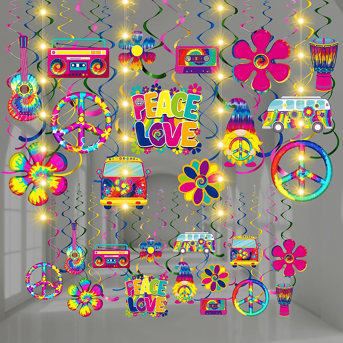 Skyygemm 56 Pcs 60s Hippie Hanging Decorations with Lights Groovy Retro Hippie Hanging Swirls Flower Peace and Love Bus Cutouts Tie Dye Ceiling Streamers for Birthday Baby Shower Supplies Favors