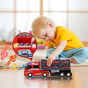 PANITU Firefighter Toys Die-cast Large Fire Truck Toy Set with Game Mat,Rescue Emergency in Carrier Truck with Sound and Light，Play Vehicle Set for Age 3 4 5 6 7 Years Old Boys Girl Gift Red