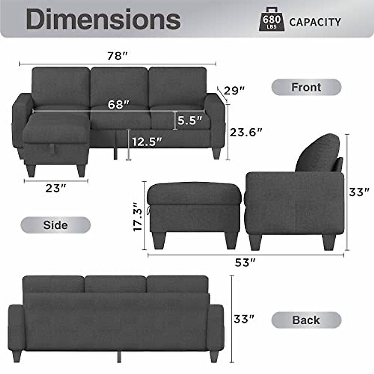 Sunrise Coast Sectional L Shaped Sofas & Couches with Ottoman Modular Convertible 3 Seat Sofas for Living Room Small Apartment, Couches with Storage Space, Dark Gray