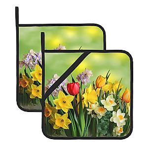 Spring Flowers and Tulips Pot Holders Set of 2 with Loop Heat Resistant Hot Pads for Cooking Baking Grilling