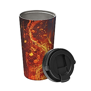 Reusable Coffee Mug with Lid and Handle, Red Flame Music Note Tumbler for Hot & Cold Drinks 16oz Stainless Steel Insulated Coffee Tumblers Double Wall Vacuum Thermal Cup