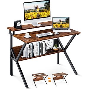 ODK Small Desk, 27.5 Inch Small Computer Desk for Small Spaces, Compact Desk with Storage, Tiny Desk Study Desk with Monitor Stand for Home Office, Espresso