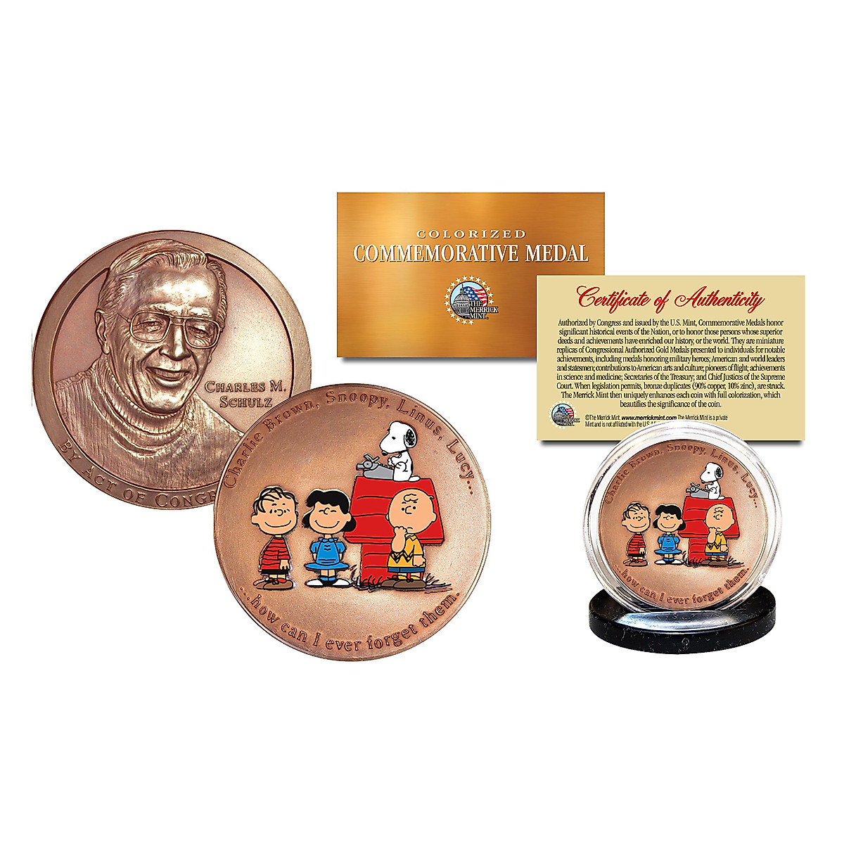 Colorized Charles Schulz Commemorative Medal Peanuts Coin Snoopy Charlie Brown