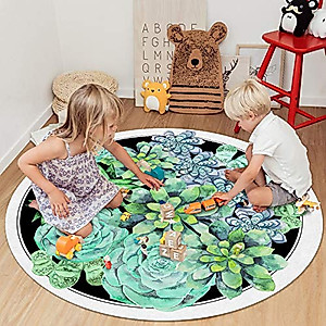 Savannan Round Area Rugs Mats, 4ft Diameter Non-Slip Soft Cozy Floor Rugs for College Dorm Bedroom Office Living Room, Watercolor Green Succulent Plants Potted Plants