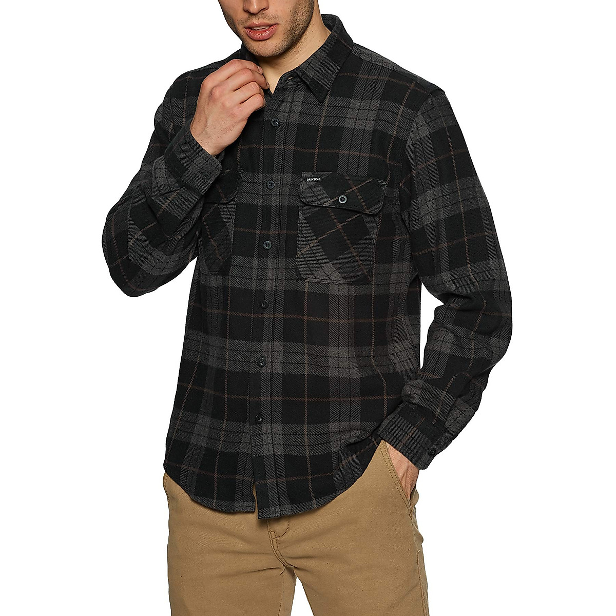 Brixton mens Bowery L/S Flannel Button Down Shirt, Black/Charcoal, X-Large US