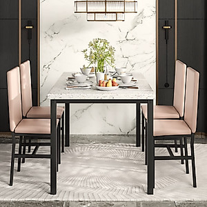 AWQM White Faux Marble Dining Table with 4 Upholstered Chairs, 5-Piece Dining Room Table Set for Small Space, Breakfast Table Bar Table and Chairs Set for 4, Home & Kitchen Set