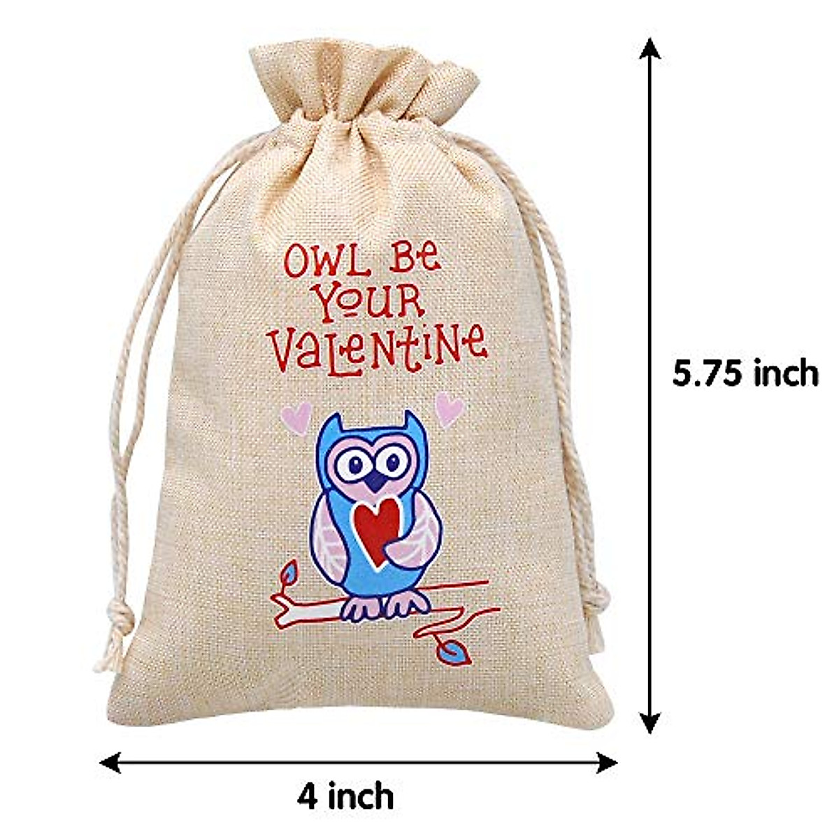 JOYIN 28 Valentine Drawstrings Canvas Bags with 3 Pens, 4x5.75 Inch Drawstring Pouch Candy Gift Linen Pockets for Kids Party Favor, Classroom Exchange Prizes
