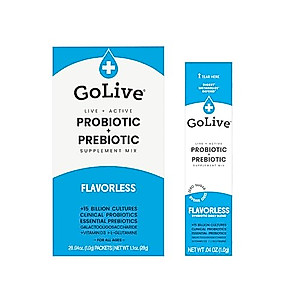 GoLIVE PROBIOTIC + PREBIOTIC SYNBIOTIC POWDER BLEND, Flavorless/Sugarless,for Women, Men & Kids For Better Gut Health,Digestion,Metabolism,Immunity, 10B-50B CFUs, Bimuno GOS+Vitamin D3+L-glutamine