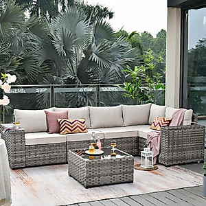 ovios Patio Furniture Set 6 Pieces Outdoor Sectional Sofa Set with Widened Armrest and Deep Seat, Modern Modular Wicker Rattan Conversation Set, Beige