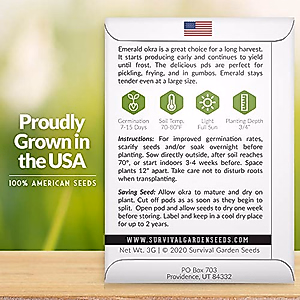 Survival Garden Seeds - Emerald Okra Seed for Planting - Packet with Instructions to Plant and Grow Tender and Large Okra in Your Home Vegetable Garden - Non-GMO Heirloom Variety - 1 Pack