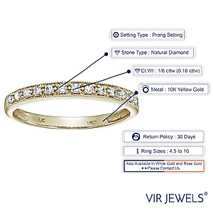 Vir Jewels 1/6 carat (ctw) Diamond Wedding Anniversary Band for Women, Half Eternity Petite Round Diamond Engagement Ring 10K Yellow Gold Prong Set with Milgrain 0.16 cttw, Size 7