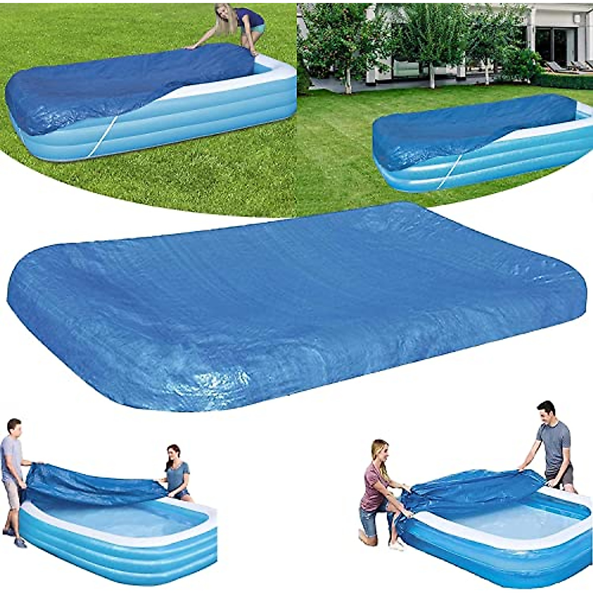 Rectangle Pool Cover, Easy Set Up Rectangle Inflatable Swimming Pool Cover Dustproof Pools Protector, Fits 102 in x 67 in Frame Pool and Solar Pool Cover for Garden Outdoor Pools Cover(8.5ft X 5.6ft)