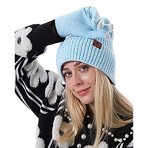 Womens Winter Knit Beanie Hats Touchscreen Gloves Warm Wool Hat and Gloves Set Skull Caps with Fleece Lined