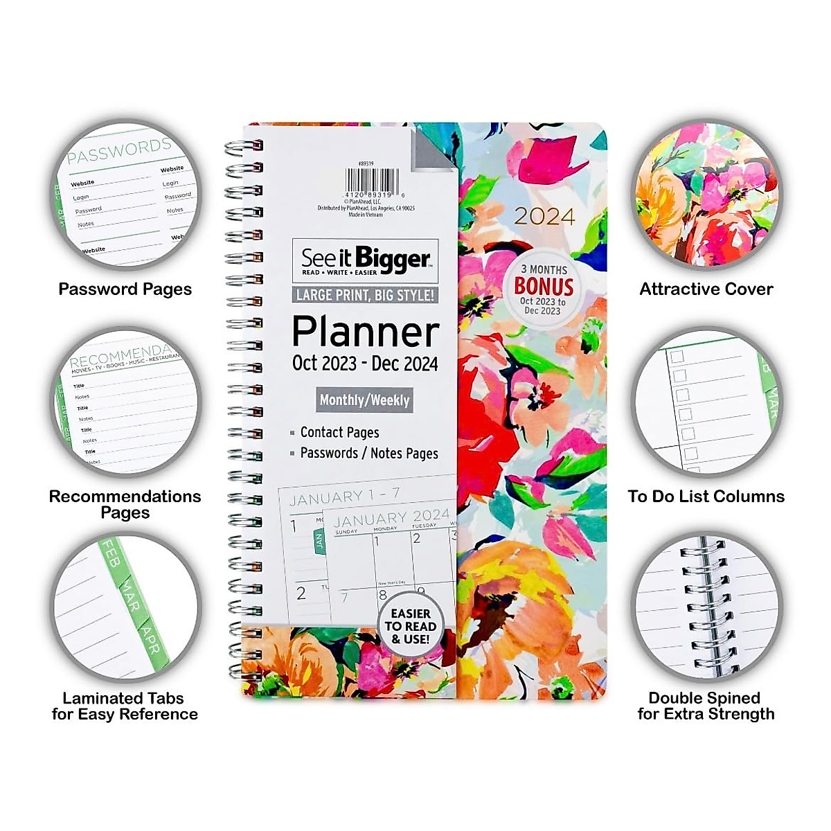 PlanAhead See IT Bigger April 2024 - June 2025 Size 8.75" x 5.5" x 0.5" Monthly/Weekly Medium Planner and Twin Fluorescent Pen (Floral Coppa)