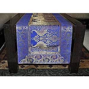 Ethnic Bohemian Table Runner for Dining Table and Bed Decorative Purpose in Banaras Silk Brocade with Royal Motifs for Gifts Table Linen (Blue,60x16 Inch)