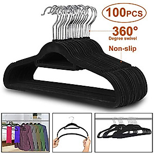 ZenStyle 100 Pack Ultra Thin Velvet Hangers - Non Slip Black Clothes Suit Hangers, 360 Degree Swivel Hook, Velvet Flocked Surface