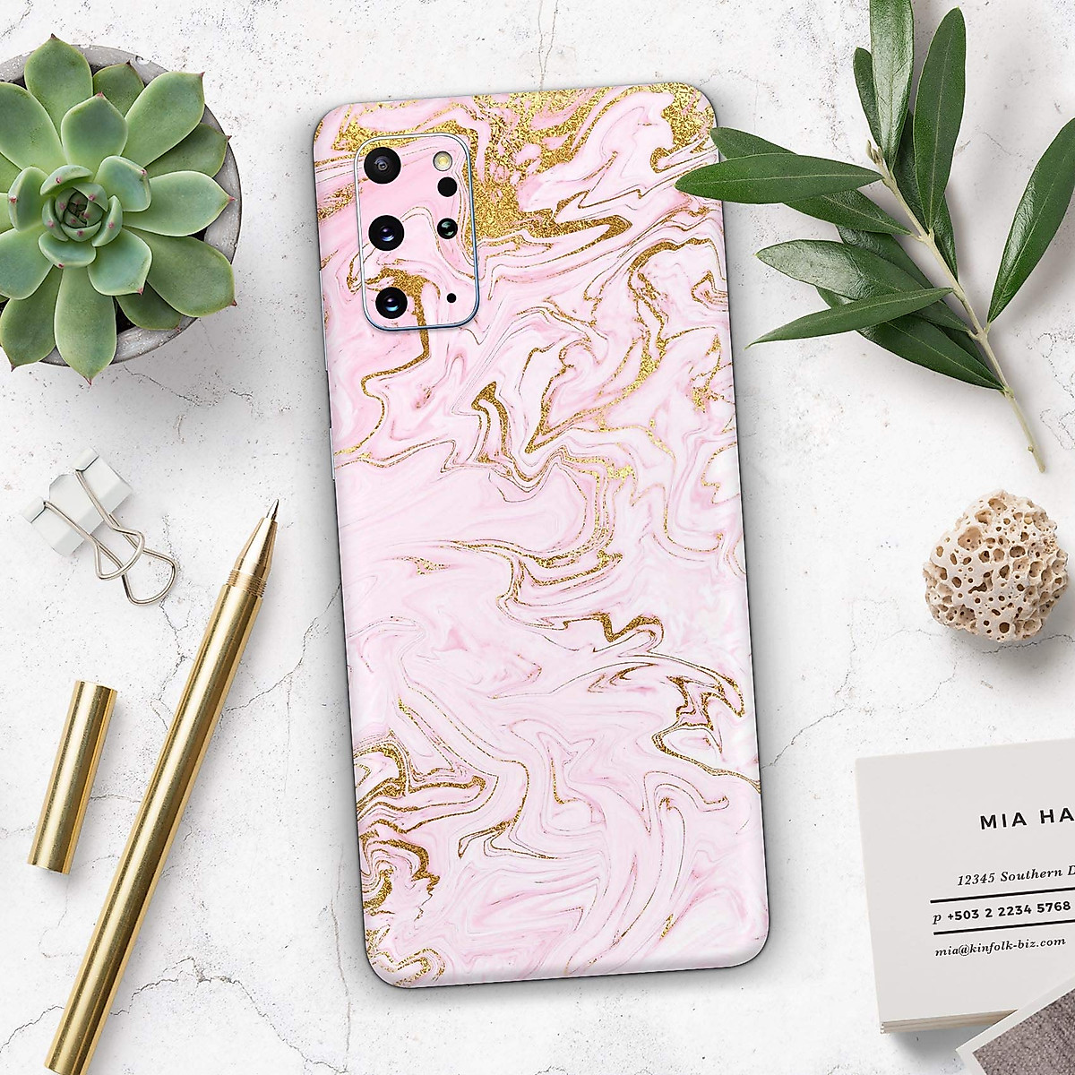 DesignSkinz Rose Pink Marble & Digital Gold Frosted Foil V13 Protective Vinyl Decal Wrap Skin Cover Compatible with The Samsung Galaxy S20 (Screen Trim & Back Glass Skin)