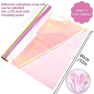 Pengxiaomei 32in x 50 Ft Iridescent Cellophane Wrap for Gift Baskets Flower Wrapping Paper Holographic Cellophane Wrap Roll for Gift Floral Bouquet Wrapping