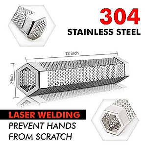 SAKIY Smoke Tube for Pellet smoker 12 inches Hexagon Portable BBQ works as a Cold/Hot Smoking fits in all sorts of grill - Stainless Steel Tube, Nonstop 5 hrs. Billowing