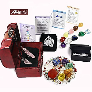 23PCS Natural Crystals and Healing Stones Set, 7 Raw Chakra Stones,10pcs Tumbled Stones, Pink Pillar Crystal Necklaces & Pendulum, White Pyramid & Pillar, 50g Stones Assorted, Wooden Box