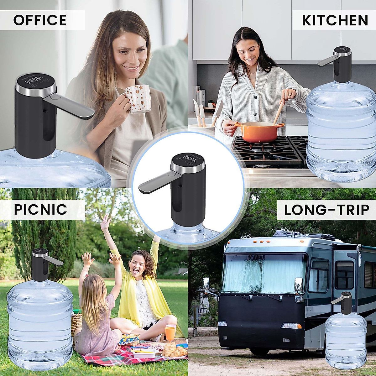 KIARYUOLL Water Dispenser for 5 Gallon Bottle, Rechargeable Water Pump - Foldable Water Spout for 5 Gallon Bottle, Long-Lasting,Smart LED Display, Portable Water Dispenser for Home & Outdoor (Black)