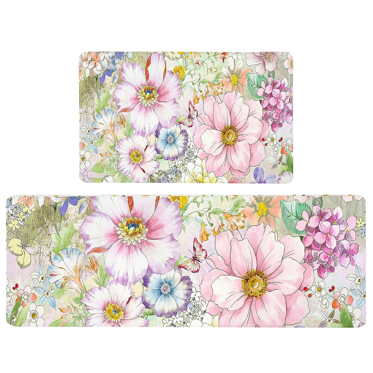 chiinvent Pink Floral Kitchen Rug Mats Set of 2 Boho Flower Anti Fatigue Kitchen Mats for Floor Non-Slip Cushioned Kitchen Floor Mat Comfort Standing Memory Foam Mat Waterproof PVC (17.3X 28+17.3X 47)