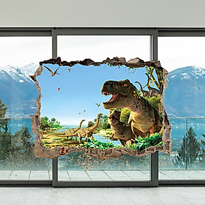 DILIBRA 3PCS 3D Broken Giant Dinosaur Wall Sticker, Simulation Crack Hole Dinosaur Wall Decal, Self-Adhesive Dinosaur Cracked Smashed Wall Decor Mural for Boys Bedroom Baby Kids Nursery