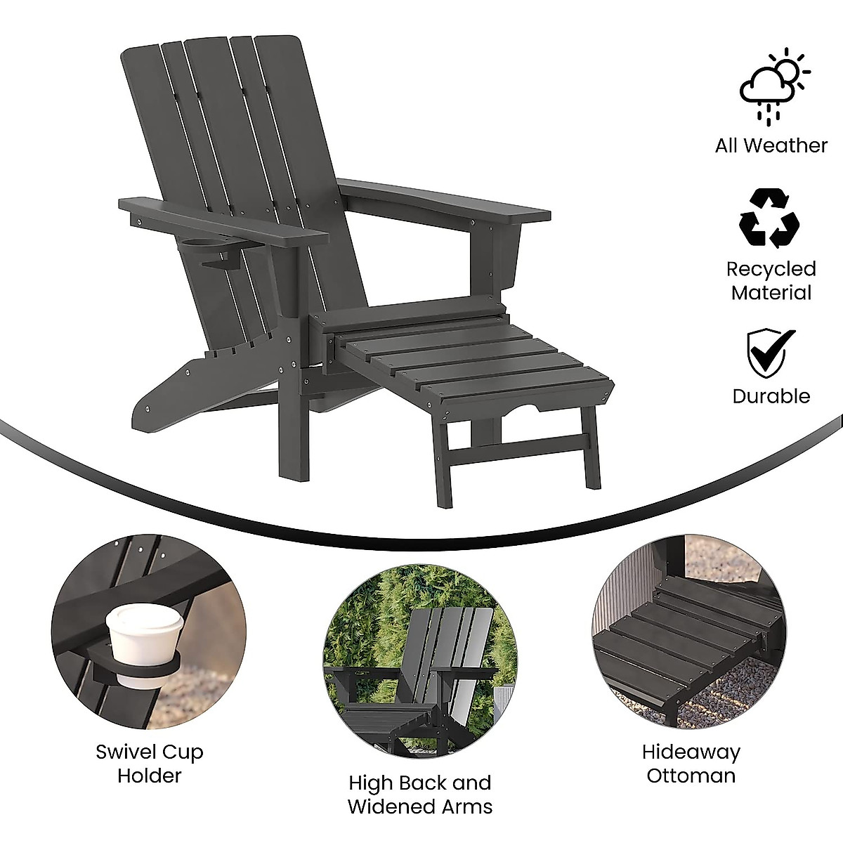 Flash Furniture Halifax Poly Resin Adirondack Chair with Cup Holder and Pull Out Ottoman, All-Weather Poly Resin Indoor/Outdoor Lounge Chair, Set of 2, Gray