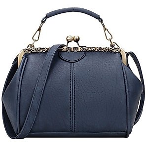 Tipiho Women Wedding Vintage Pu Handbag - Kiss Lock Antique Minimalist Purse(Blue)