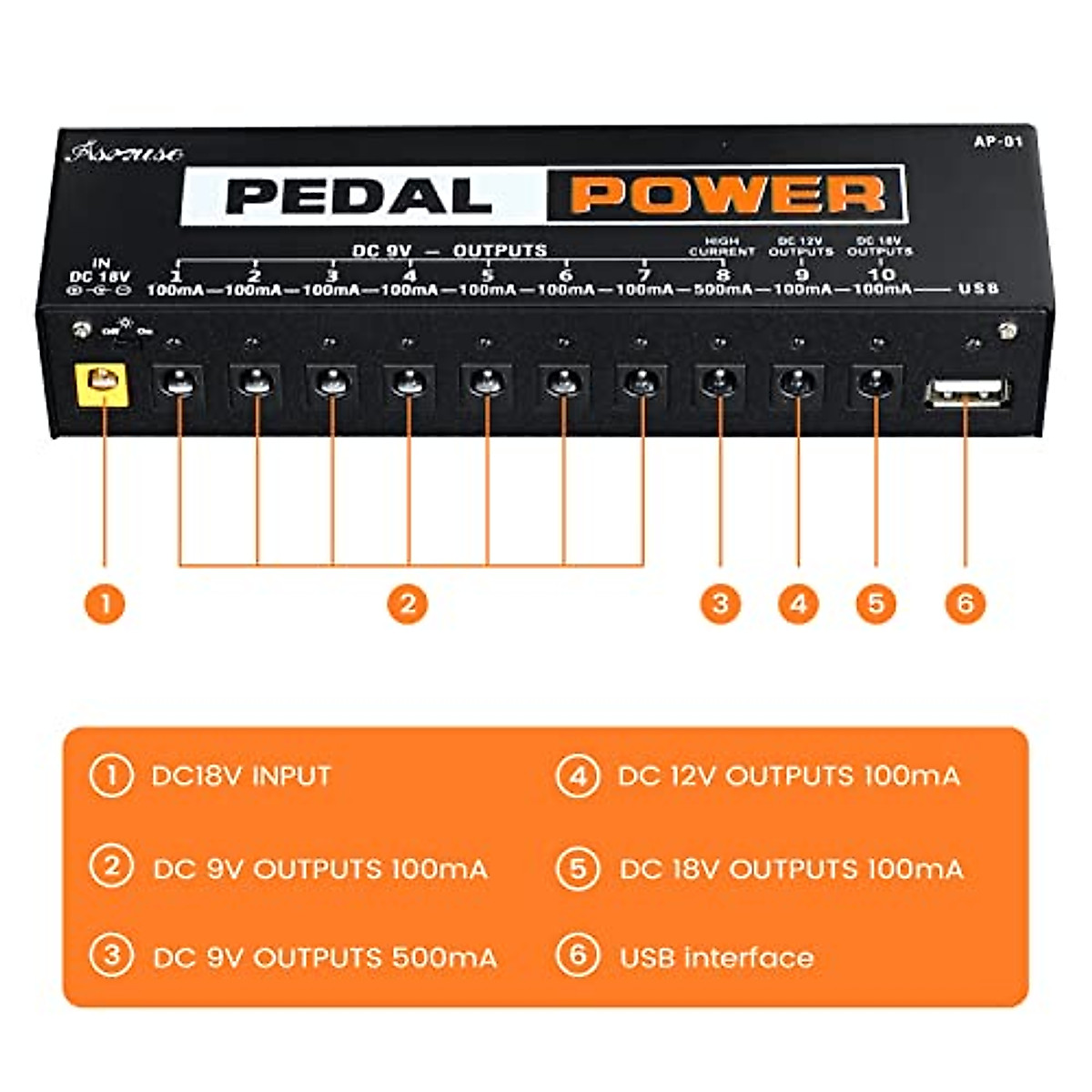 Asmuse Guitar Pedal Power Supply, 10 Isolated DC Output for 9V/12V/18V Guitar Bass Effects Pedals with Built-in USB Charging Port for Phone iPhone Pad iPad