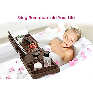 HBlife Bamboo Bathtub Caddy Tray Durable, Non-Slip, One or Two Person Bath and Bed Tray, Extending Sides Fits Any Tub, Cellphone iPad and Wineglass Holder, Free Soap Holder - Coffee
