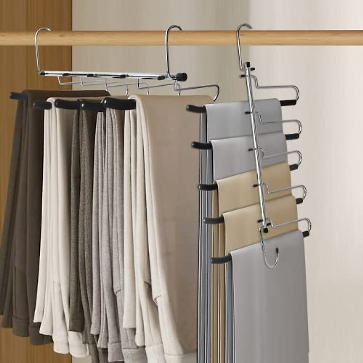 Pants Hangers Space Saving Stainless Steel, Non-Slip, No Installation, Jean Hangers,Closet Space Saving Magic Pants Hangers Pants Organizer (2 Pack)