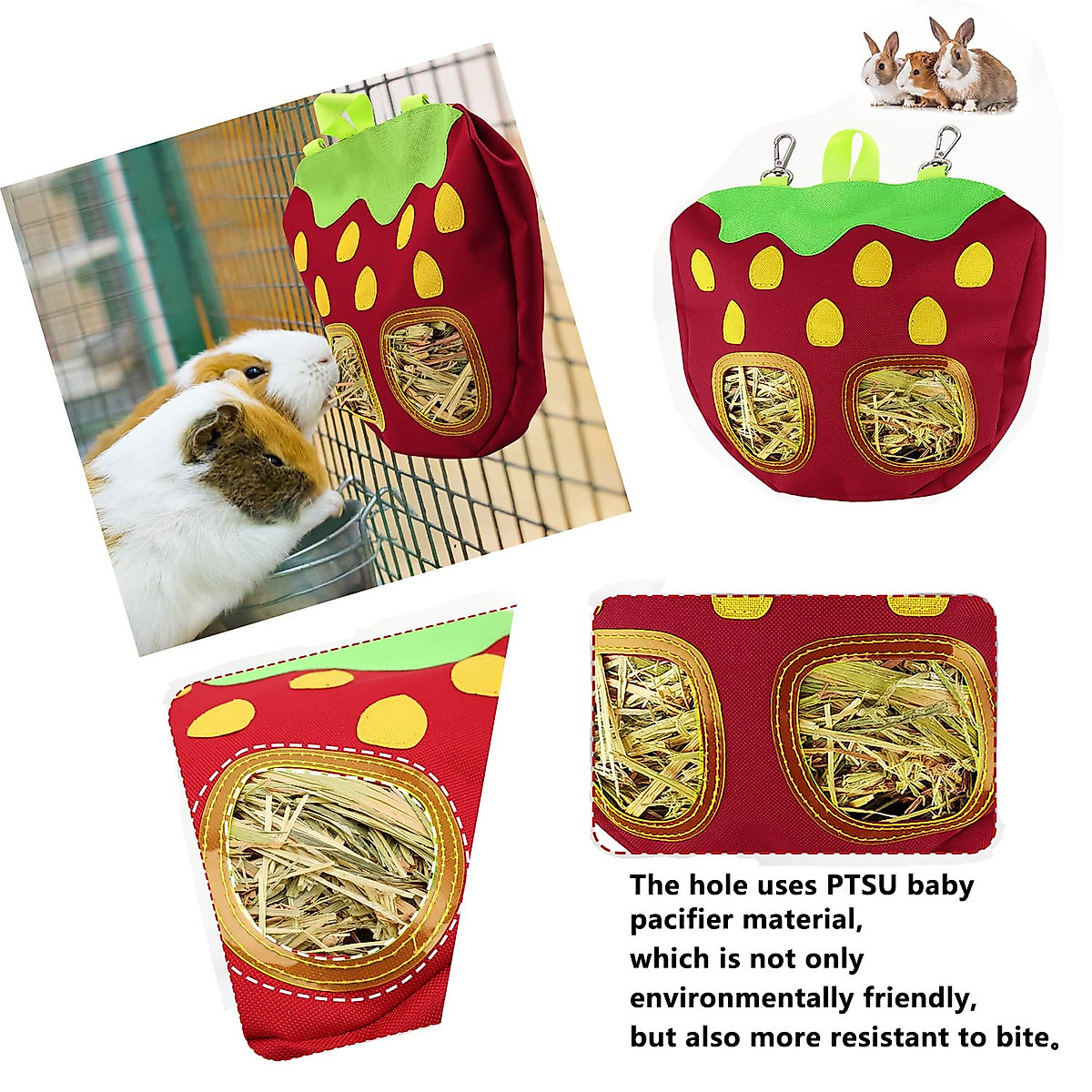 Rabbit Hay Feeder Bag, Hay Feeding Bag for Rabbits,Guinea Pig Hay Feeder Storage, Hanging Rabbit Hay Feeder Bag for Guinea Pigs Bunnies Chinchillas（Red）