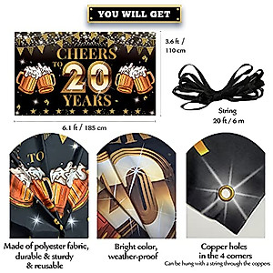 Cheers to 20 Years Backdrop Banner for 20 Year Class Reunion Decorations, 20th Anniversary for Wedding Anniversary, 20th Work Anniversary, 20th Birthday Yard Sign Photo Booth Decor, Reusable, Vicycaty
