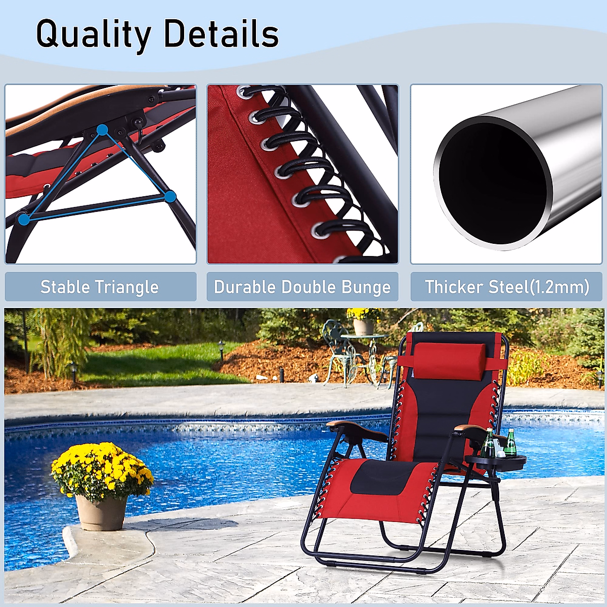 PHI VILLA XXL Oversized Padded Zero Gravity Chair, Foldable Patio Recliner, 30" Wide Seat Anti Gravity Lounger with Cup Holder, Support 400 LBS (Red)