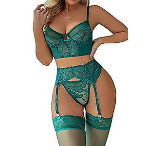 SOLY HUX Sexy Lingerie for Women Naughty 4 Piece Lace Garter Belt Bodydoll Lingerie Set with Stocking Underwire Bra and Panty Pure Dark Green S