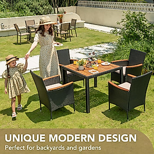 Devoko 5 PCS Furniture, Patio Conversation Set with Acacia Wood Top, Rattan Outdoor Dining Table and Chairs for Backyard, Garden, Deck, Black