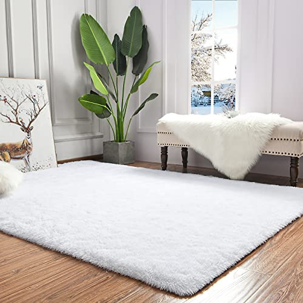 Maxsoft Fluffy Shag Bedroom Rug, 4x6 Feet White Area Rugs for Living Room Nursery Bedside, Fuzzy Plush Dorm Rug for Girls Kids, Furry Carpet for Indoor Modern Soft Home Decor