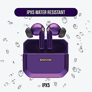 Raycon The Gaming Bluetooth True Wireless Earbuds with Built in Mic, Low Latency, 31 Hours of Battery, Charging Case with Talk, Text, and Play, Bluetooth 5.0 (Digital Purple)